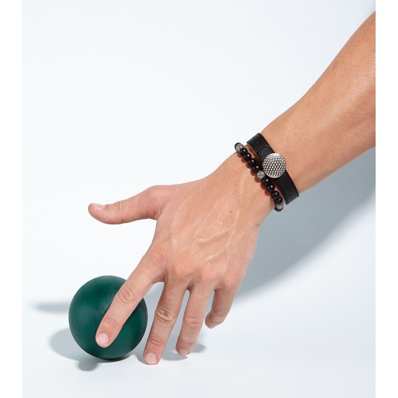 Bracelet perles d’onyx mat et argent massif homme